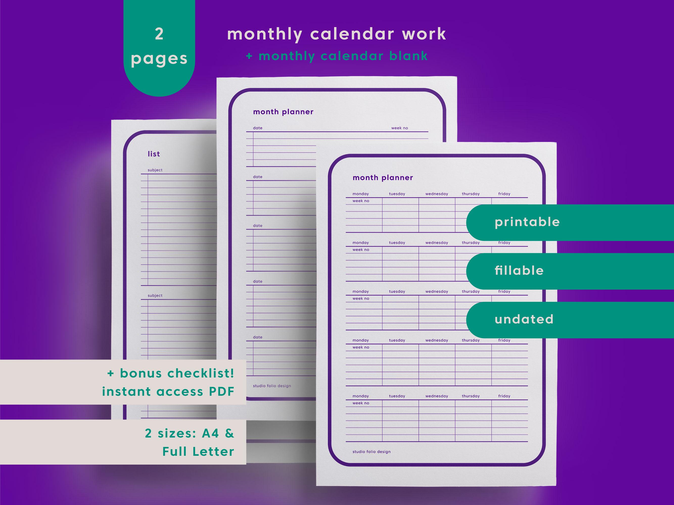 Purple Monthly Calendar: Printable Fillable Planner - A4, Full Letter ...