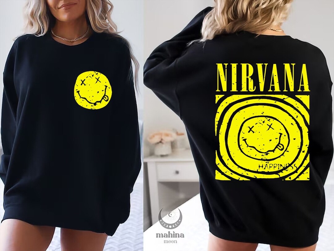 Vintage Nirvama Smiley Face Sweatshirt 2 Side Printed, Trendy 90s Band ...