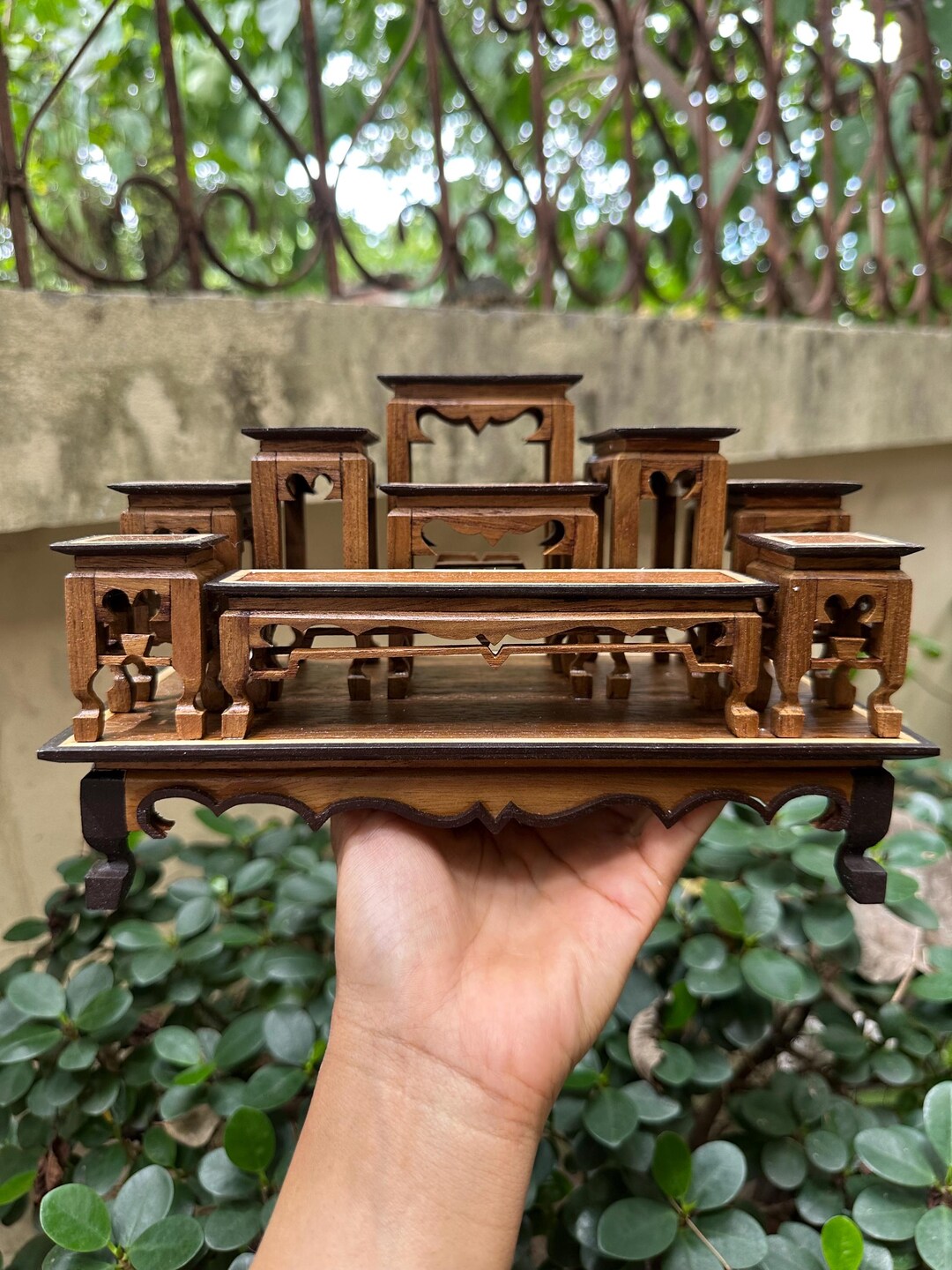 Miniature Thai Teak Wood Altar Set: 9-piece Buddhist Shrine Decor ...