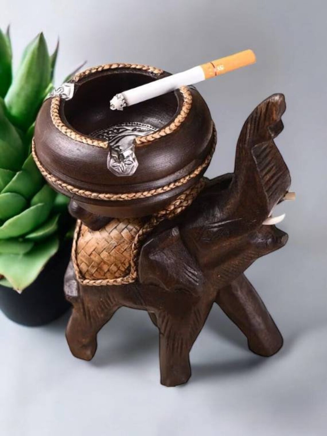 Vintage Thai Elephant Ashtray, Hand Carved Wood & Nickel - Etsy