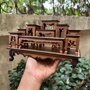 Miniature Thai Teak Wood Altar Set: 9-piece Buddhist Shrine Decor ...
