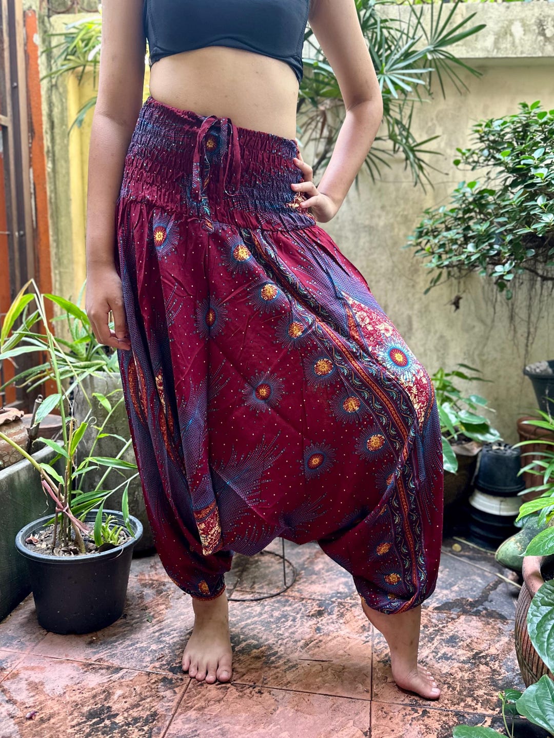 Peacock Eyes Harem Pants: Red Printed Rayon Boho Yoga Pants - Etsy