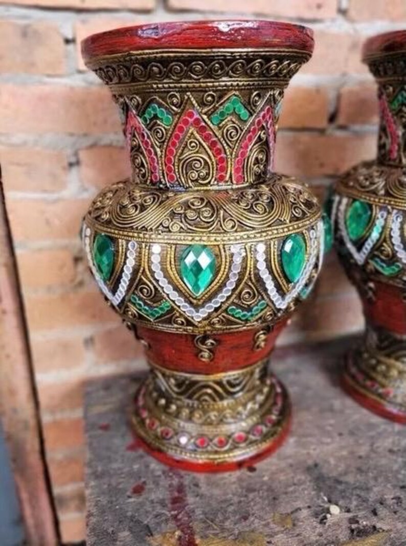 Handcrafted Mango Wood Vase: Antique Gold Lotus Design, Vintage ...