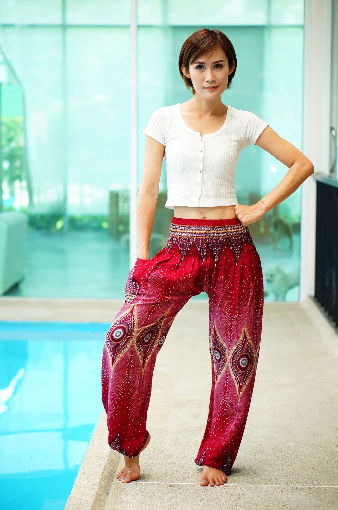 Red Diamond Peacock Aladdin Pants Bohemian Hippie Pants Baggy Stretchy ...