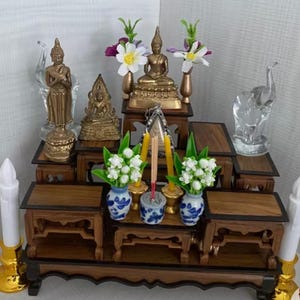 Miniature Thai Teak Wood Altar Set: 9-piece Buddhist Shrine Decor ...