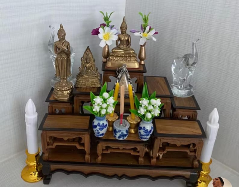 Teak Wood Altar Set 9-piece Buddhist Shrine Decor Buddha Statue Table ...