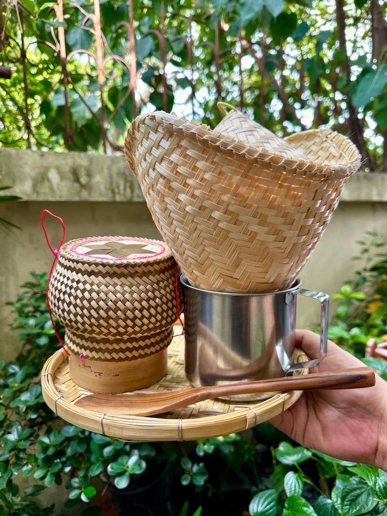 Thai Sticky Rice Steamer Handmade Set Bamboo Basket Thai Traditional ...