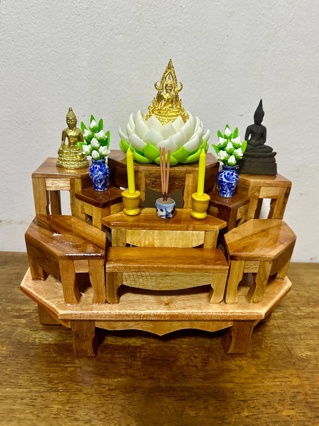 Handcrafted Teak Wood Mini Buddha Altar Authentic Thai Table Amulet ...