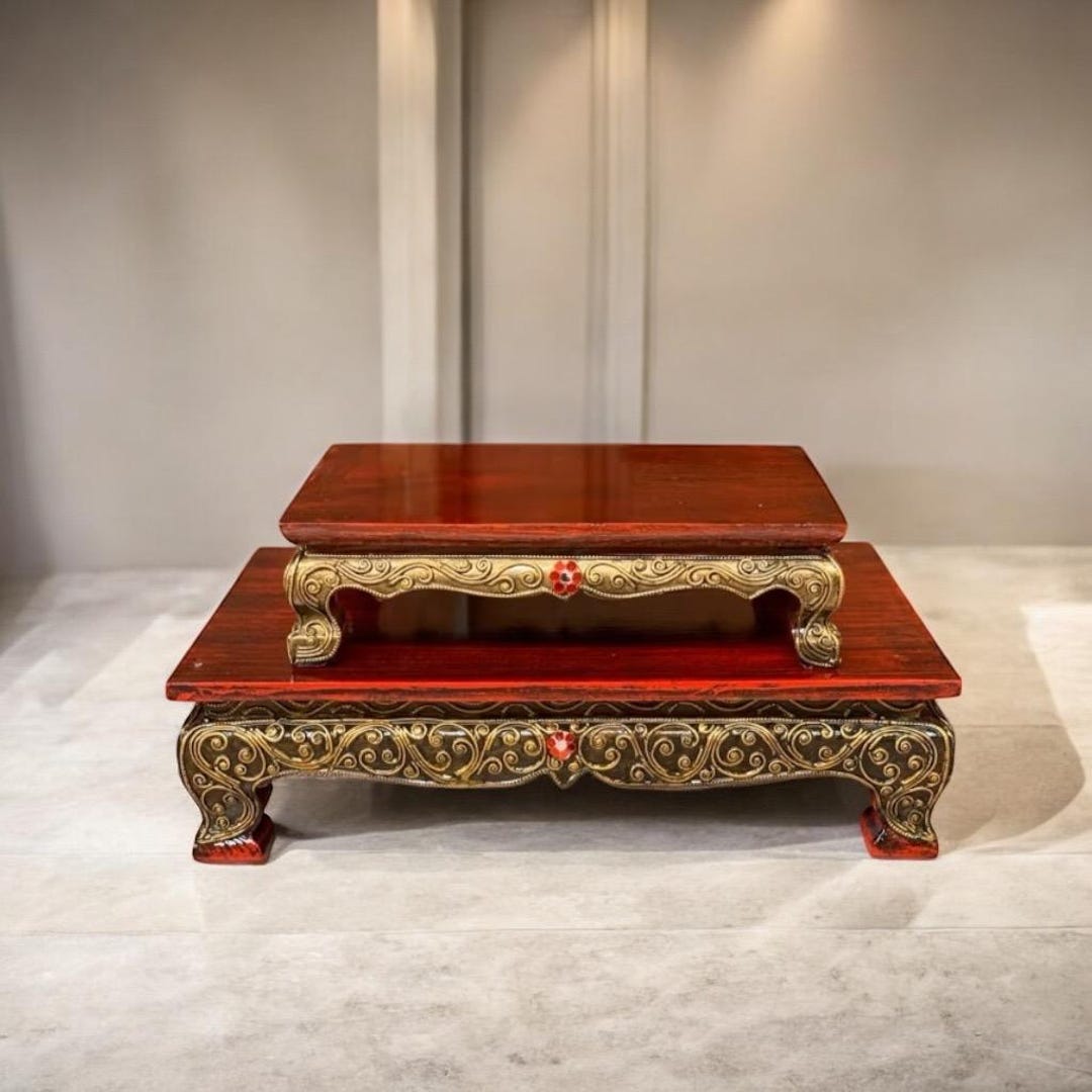 Elegant Wooden Buddha Base Set With Golden Detailing and Traditional ...