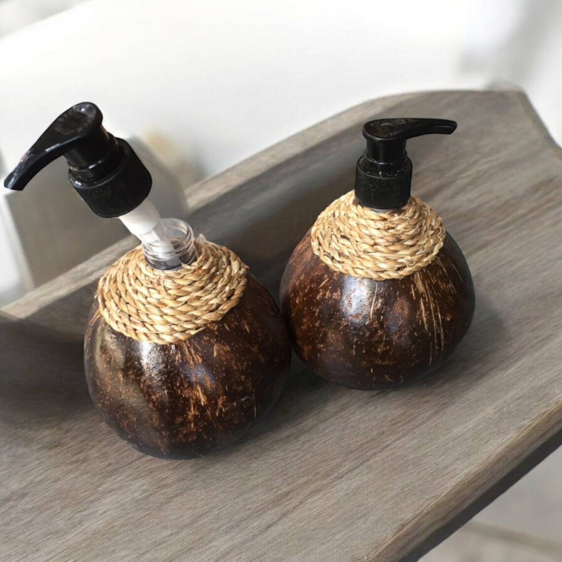 Coconut Shell Soap Dispenser Set: Handmade Tropical Bathroom Decor - Etsy