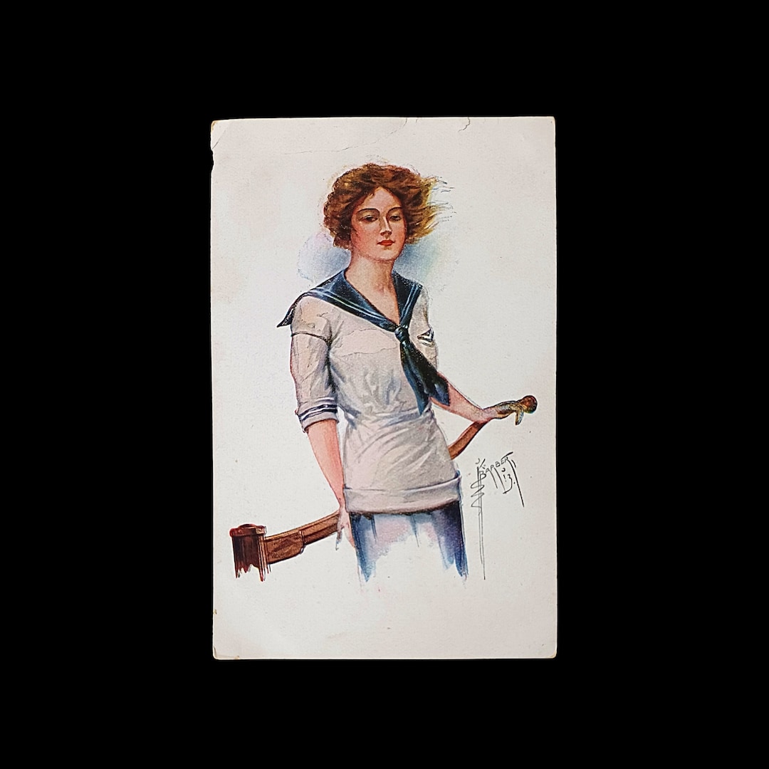 1920s Vintage Art Deco Fashion Postcard,young Lady in Blue and White ...