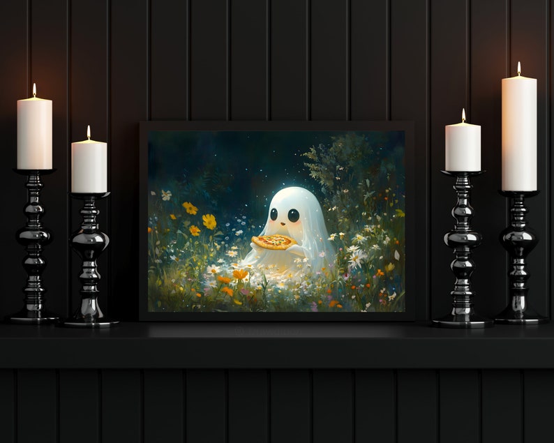 Cute Ghost Eating Pizza Wall Art DIGITAL DOWNLOAD Halloween Ghost ...