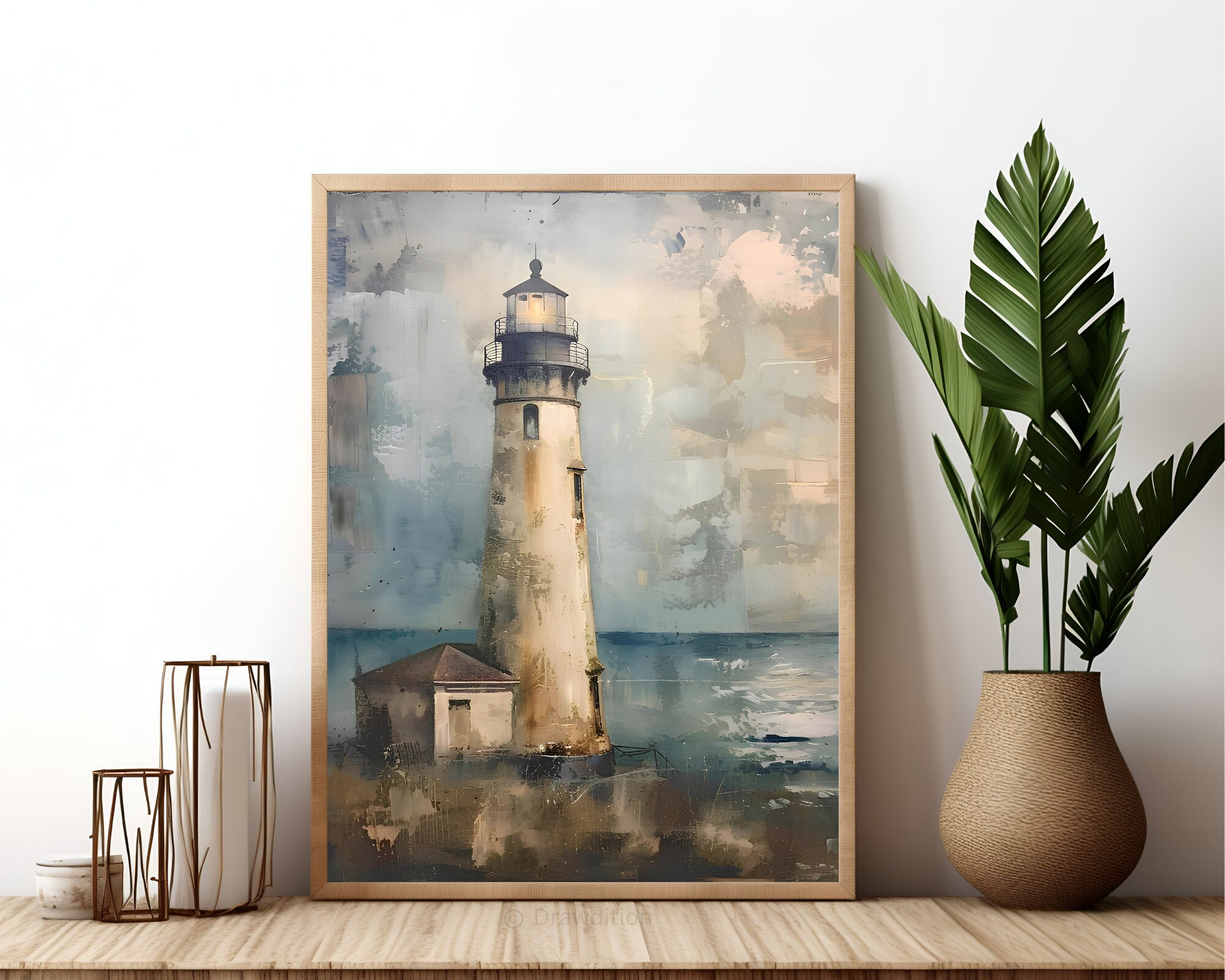 Lighthouse Wall Art DIGITAL DOWNLOAD Neutral Lighthouse Painting ...