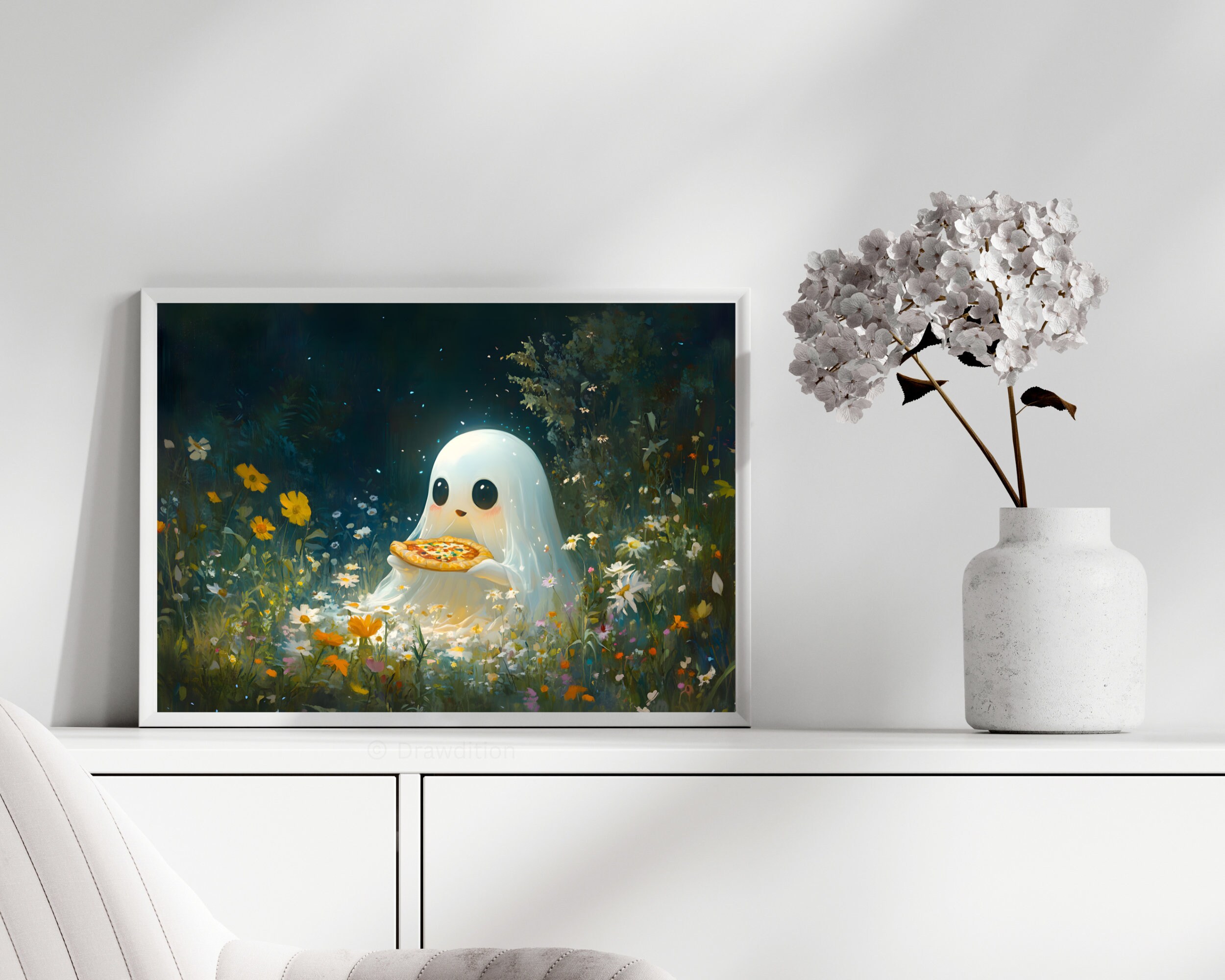 Cute Ghost Eating Pizza Wall Art DIGITAL DOWNLOAD Halloween Ghost ...
