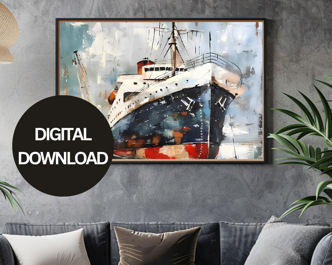 Ship Art DIGITAL DOWNLOAD Ship Painting Ship Dock Art Decor Boat ...