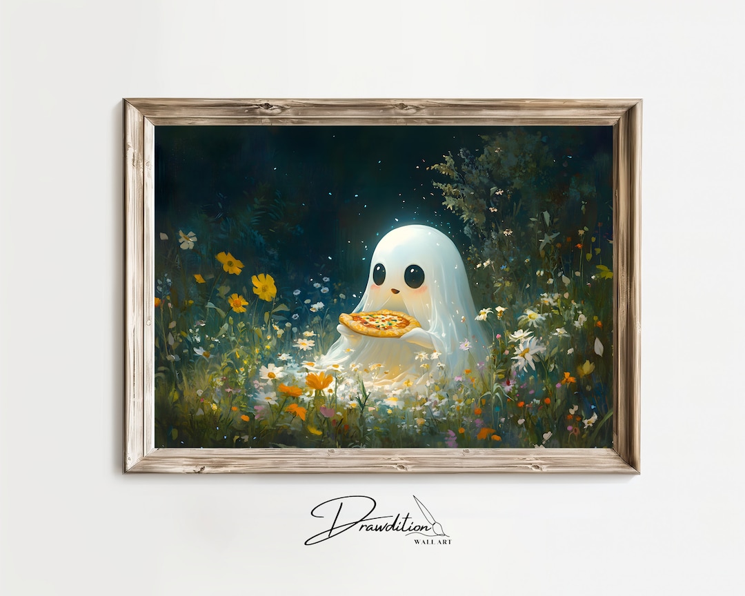 Cute Ghost Eating Pizza Wall Art DIGITAL DOWNLOAD Halloween Ghost ...