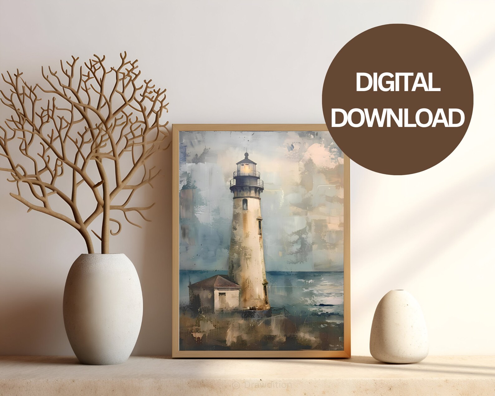 Lighthouse Wall Art DIGITAL DOWNLOAD Neutral Lighthouse Painting ...