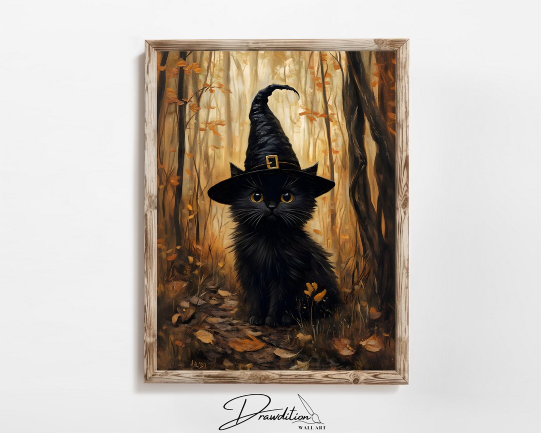 Cute Black Cat in Witch Hat Wall Art DIGITAL DOWNLOAD Halloween Black ...