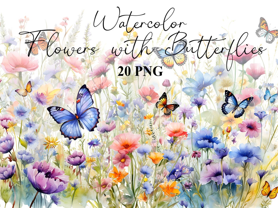 Wild Floral Flowers Butterfly Clipart Floral Watercolor Borders ...