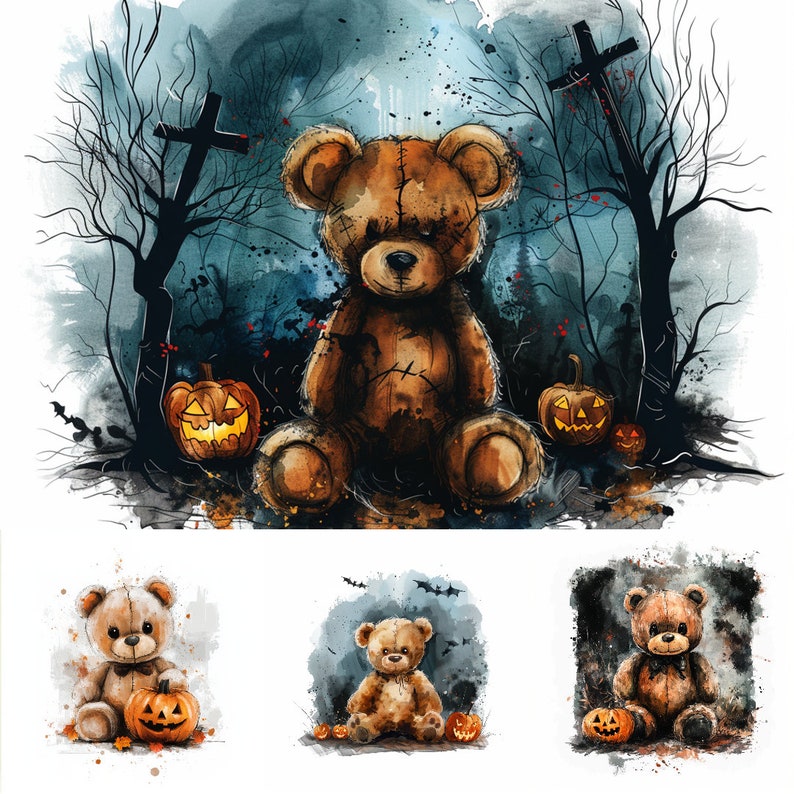 Watercolor Gothic Halloween Teddy Bear Clipart: 13 PNG Witch Bear ...