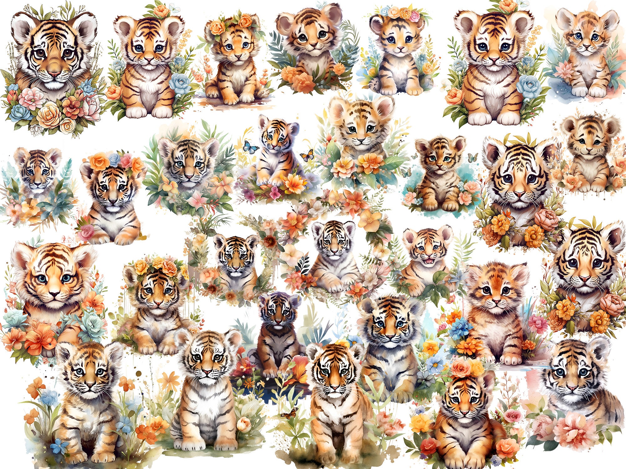 Baby Tiger, Cute Clipart, Tiger Floral Art, Tiger Png, Tiger Clipart ...