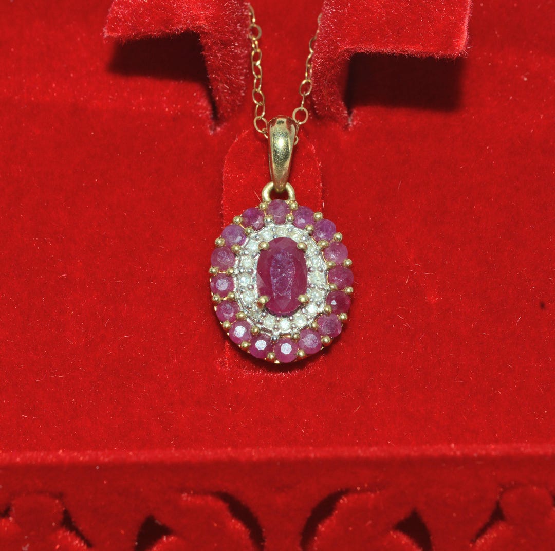9ct Gold Diamond & Ruby Cluster Necklace - Etsy