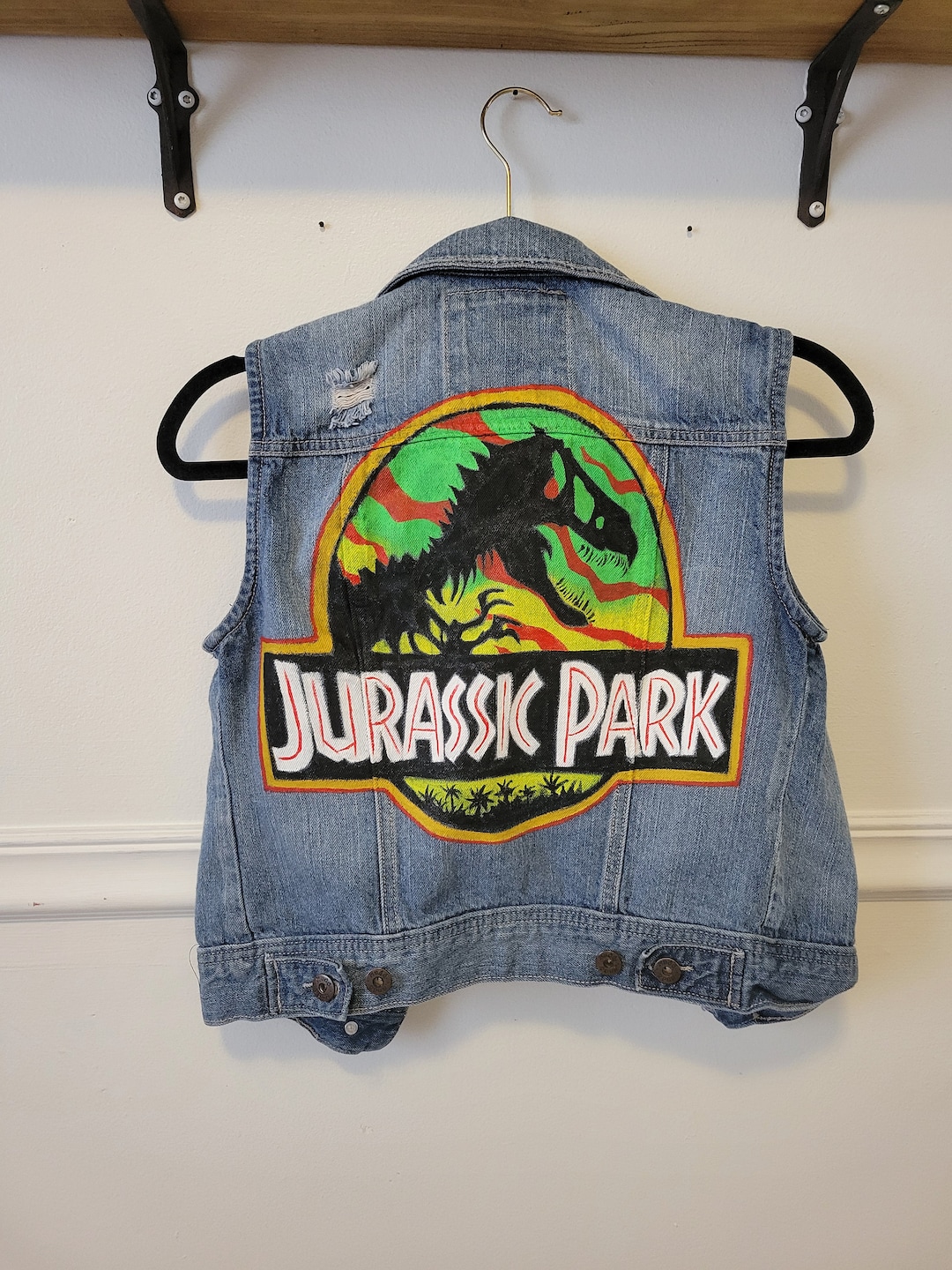 Hand Painted Jurassic Park Xs Upcycled Denim Fandom Vest - Etsy