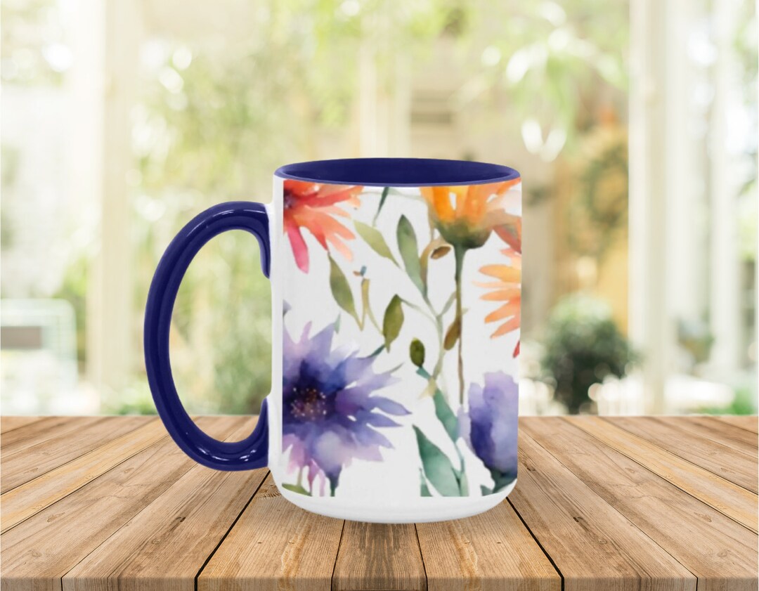 15oz Color Handle Coffee Mug Long Stem Orange Blue Floral Spring ...