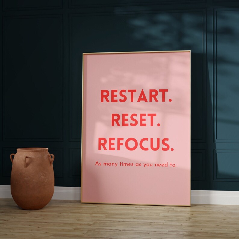 Pink Wall Art | Restart Reset Refocus | Pink Poster | Motivational ...