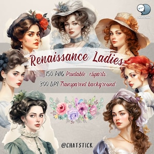 Vintage Victorian Watercolor Cliparts of Renaissance Ladies - 150 ...