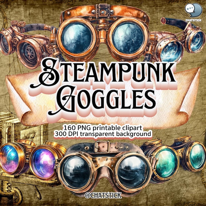 Steampunk Goggles Clipart Bundle - 160 PNG Vintage Cyberpunk Brass ...