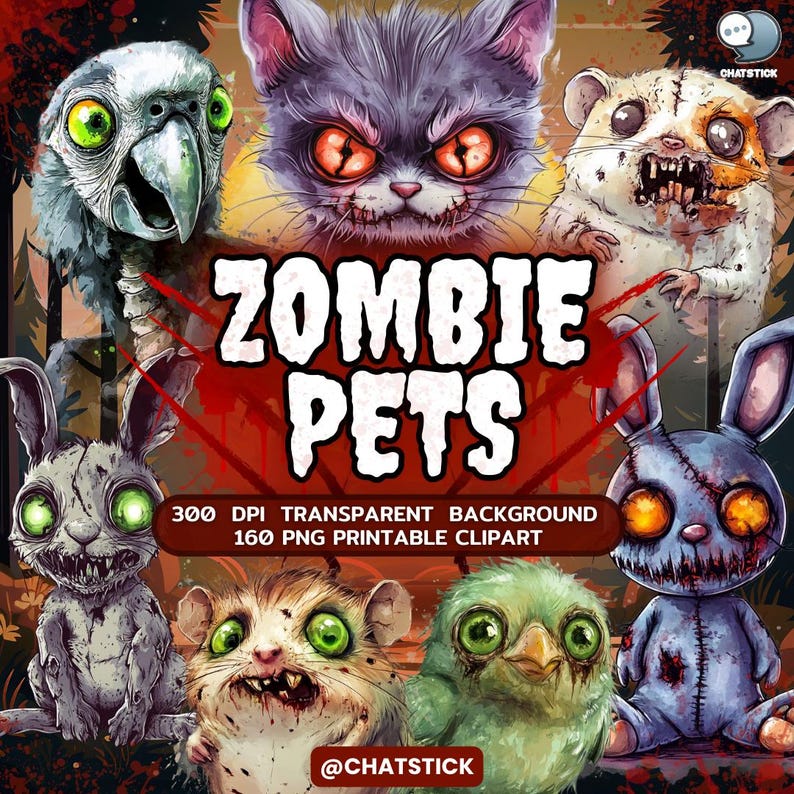 Zombie Pets Clipart Bundle | 160 Cute & Creepy Undead Cats, Dogs, and ...