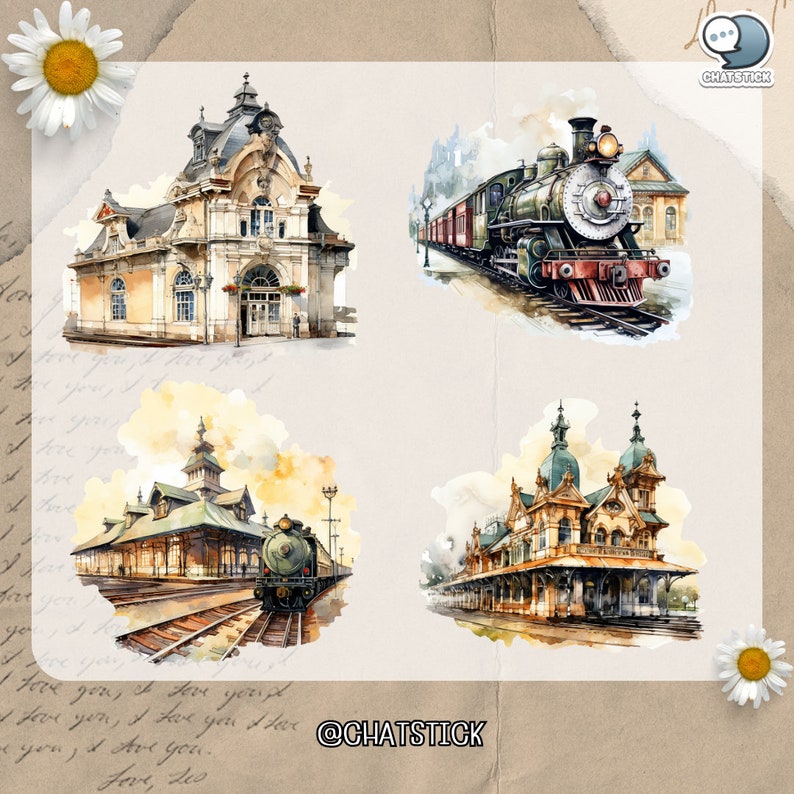 Vintage Train Stations Watercolor Clipart Mega Pack - 120 PNG Prints ...