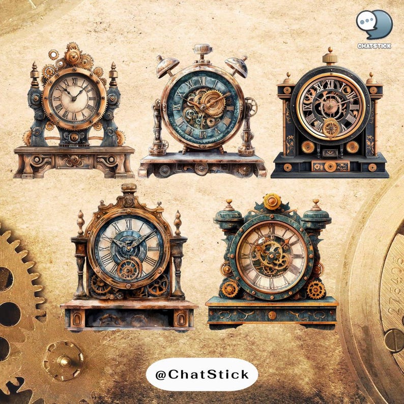 Steampunk Clocks & Timepieces Clipart - 160 Intricate Mechanical Clock ...