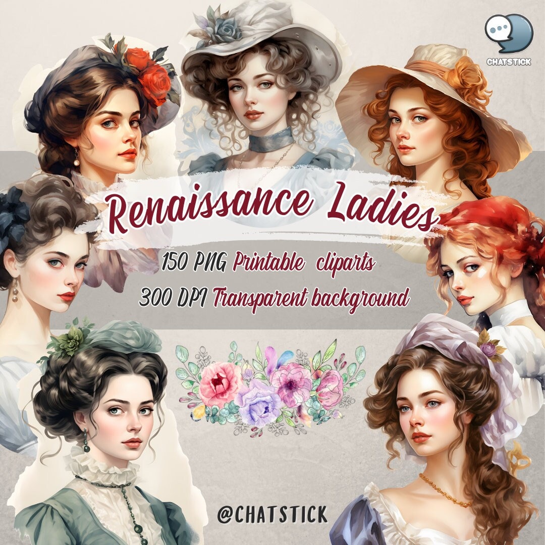 Vintage Victorian Watercolor Cliparts of Renaissance Ladies - 150 ...