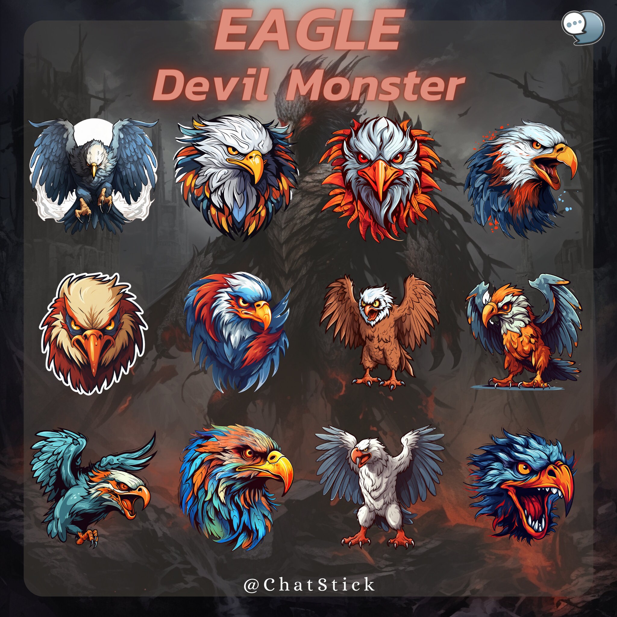100 Eagle Devil Monster Digital Stickers Clipart Mega Pack in PNG, JPG ...
