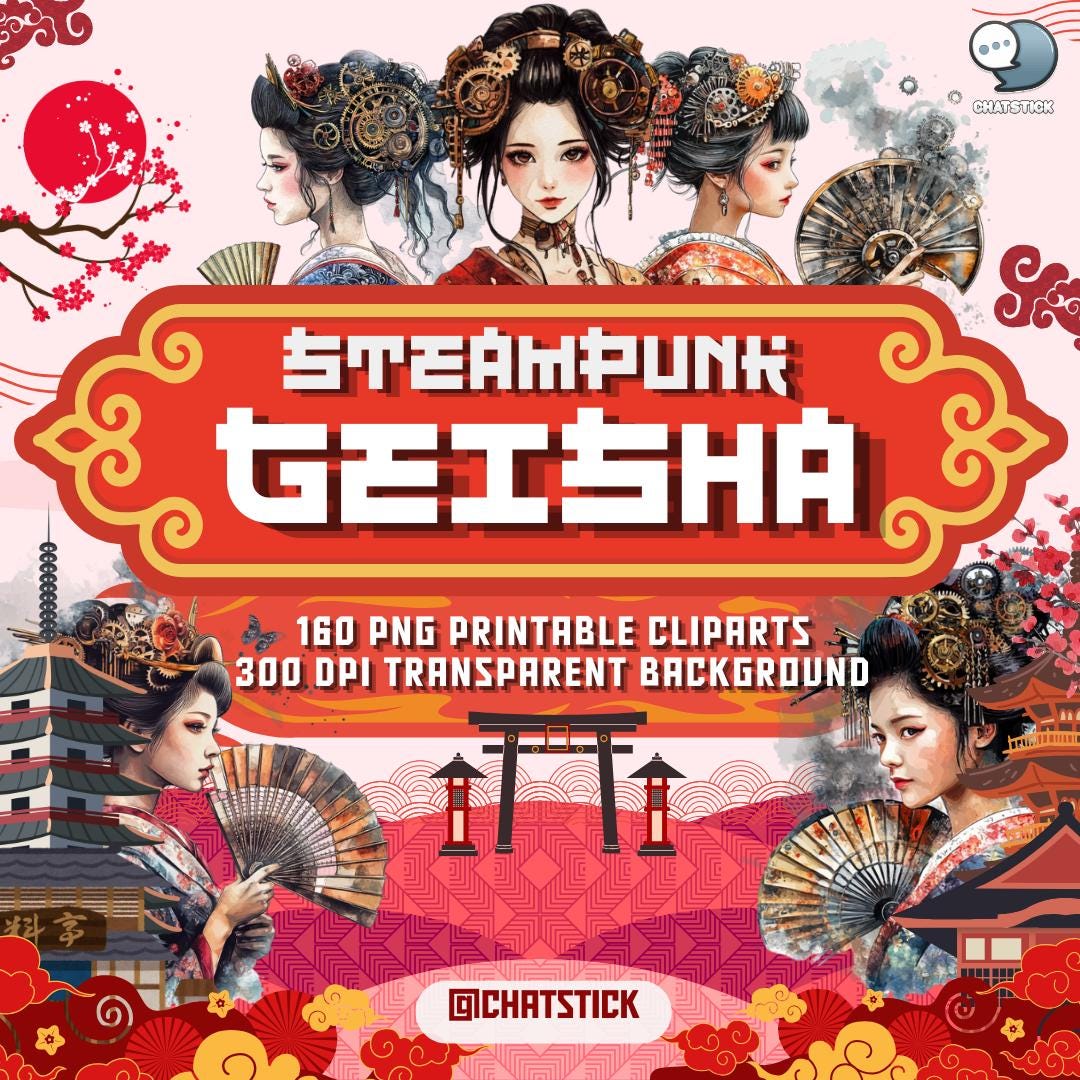 Steampunk Geisha Clipart Mega Pack - 160 PNG Illustrations, Traditional Geishas With Mechanical ...
