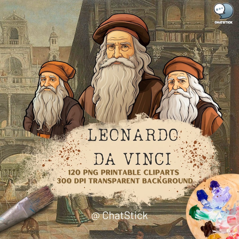Leonardo Da Vinci Digital Sticker Pack - 120 PNG Printable Cliparts - Mega Collection for Art ...