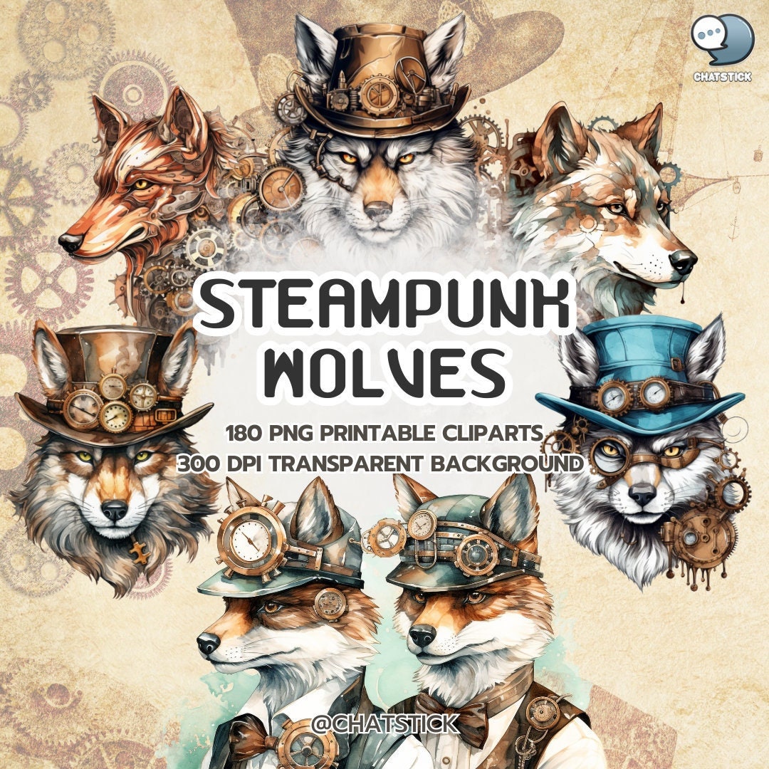 Steampunk Wolves Digital Clipart Pack - 180 Watercolor Wolf Pngs ...