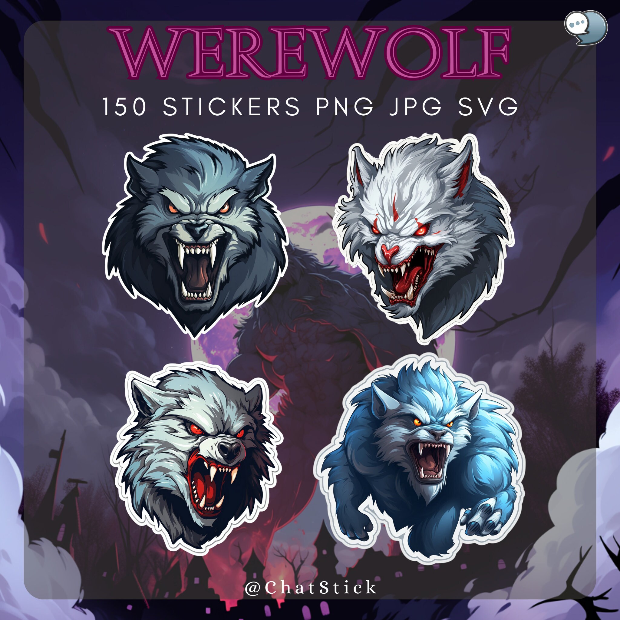 150 Werewolf Digital Stickers Clipart Pack Moonlit Mythical Creatures ...