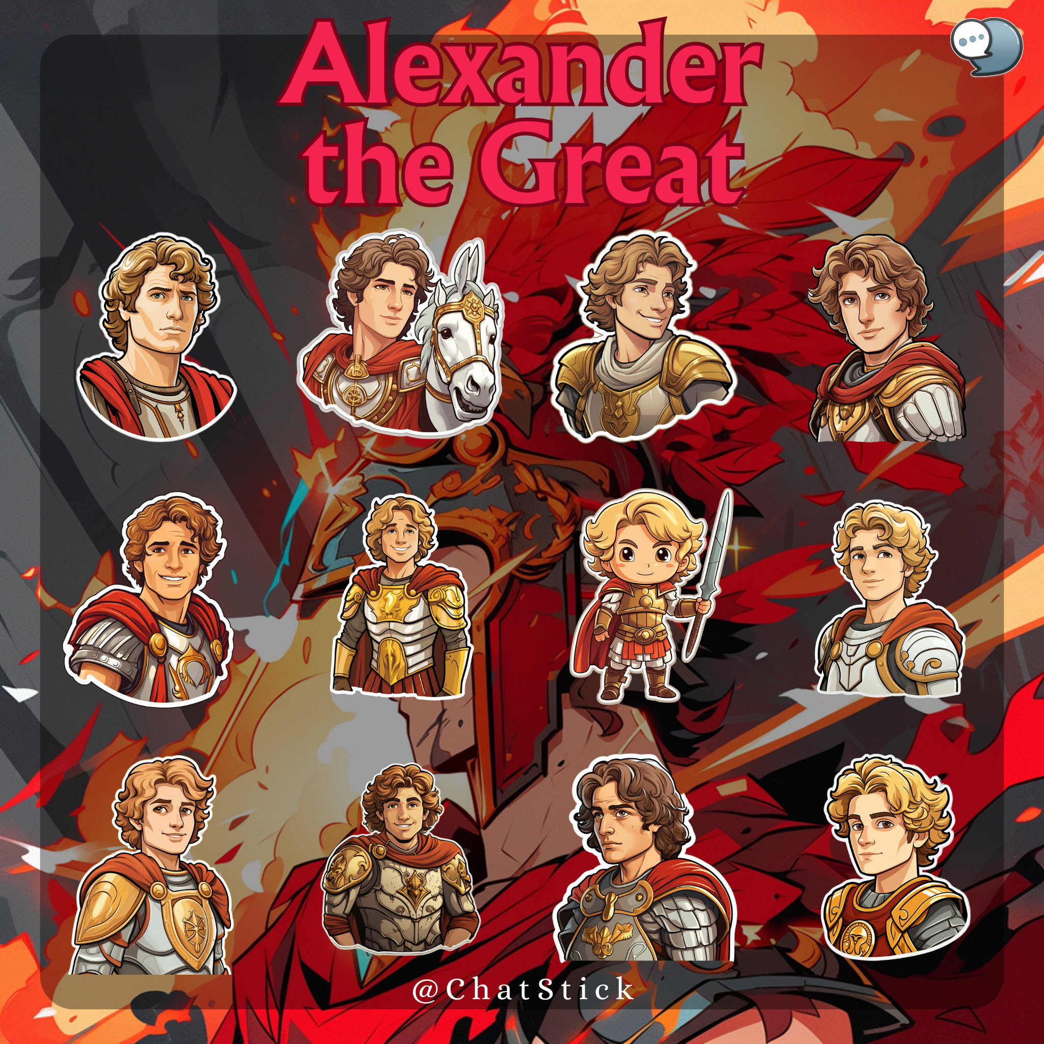 Alexander the Great Stickers: 80 Digital Clipart Pack in PNG, JPG, SVG ...