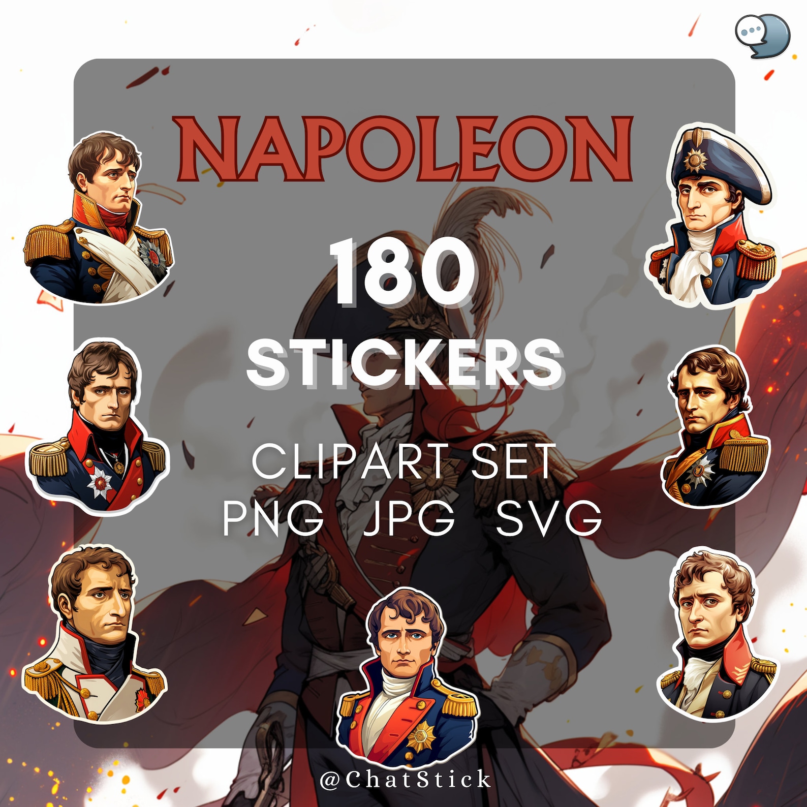 180 Napoleon Bonaparte Digital Stickers Clipart Pack Historical Icon in ...