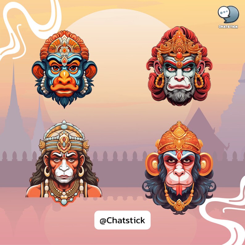Hanuman Hindu Mythology Digital Sticker Pack - 160 PNG Printable ...