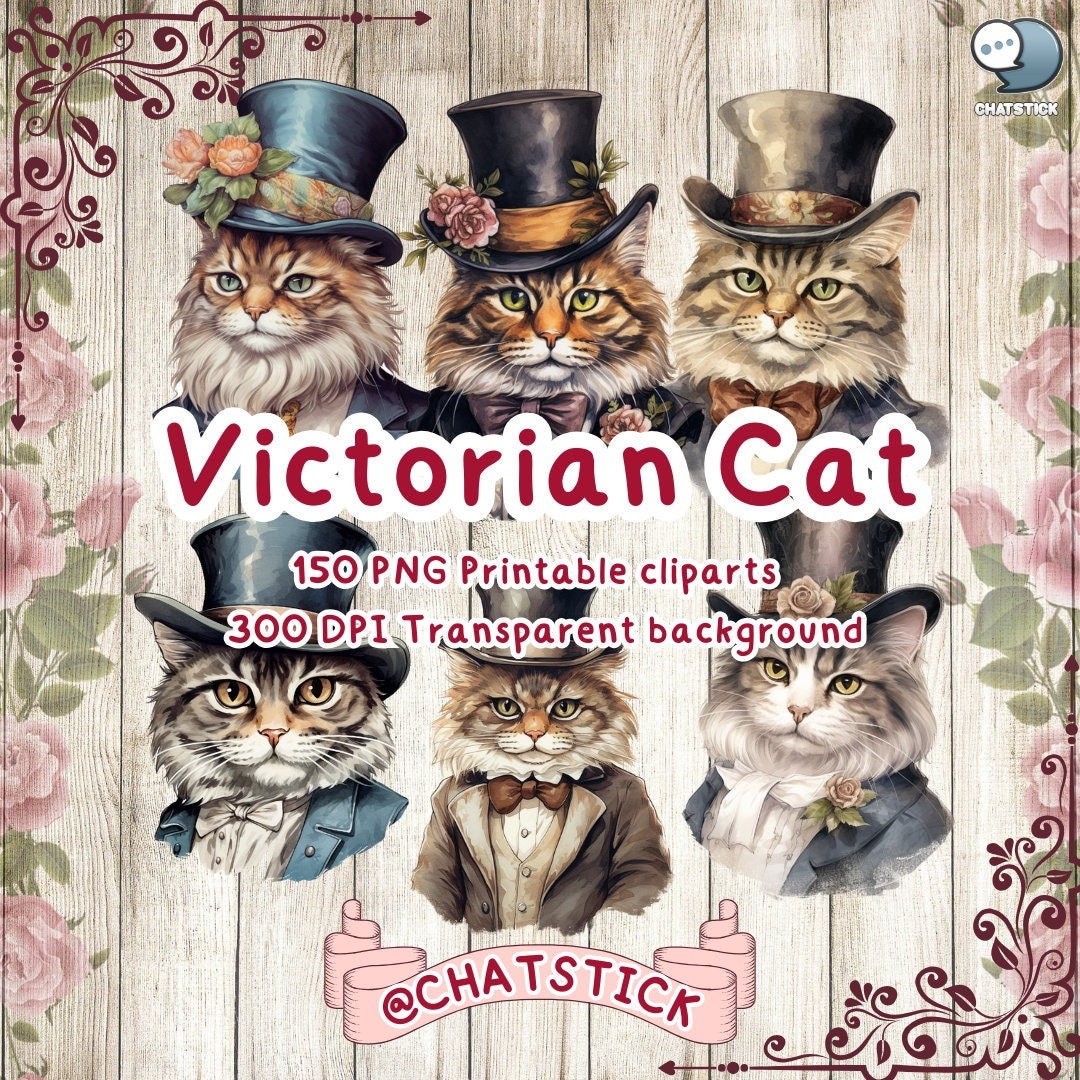Victorian Cat Watercolor Clipart Pack - 150 Pngs, Printable, 300 DPI ...