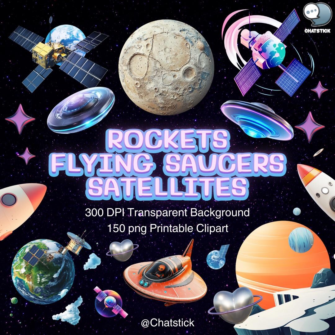 Outer Space Vehicles Clipart – 150 Rockets, Flying Saucers & Satellites ...