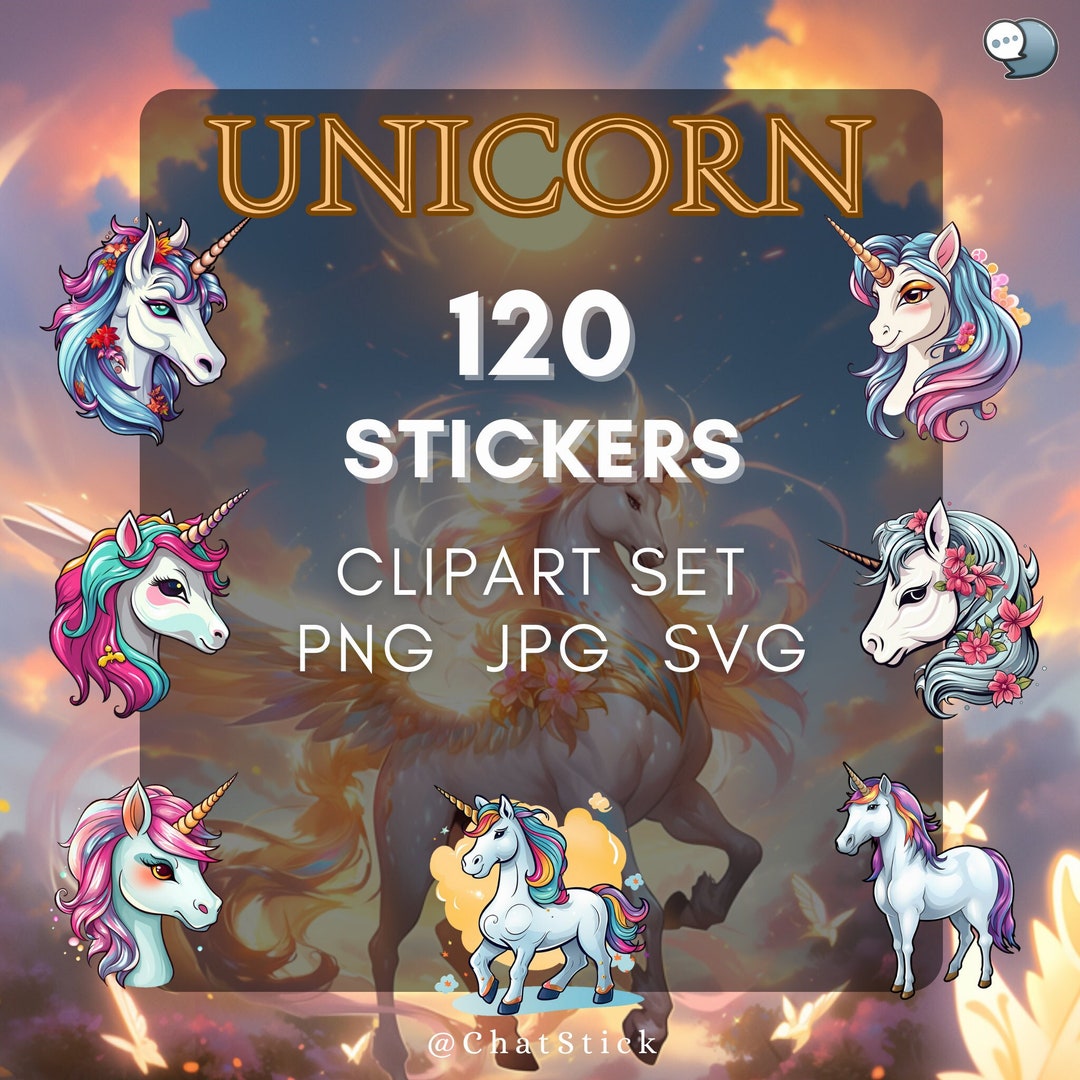 Unicorn Digital Stickers Mega Pack 120 Clipart PNG, JPG, SVG, 3200px ...