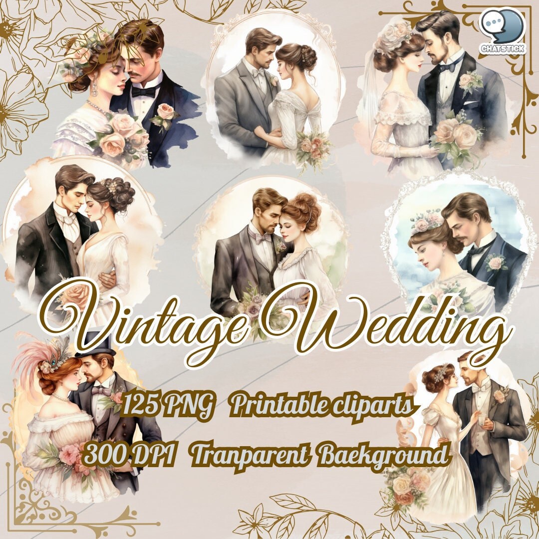 Vintage Wedding Watercolor Clipart Pack - 125 PNG Printable Cliparts ...