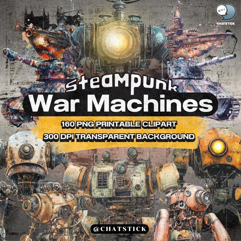 Steampunk War Machines Clipart Pack - 160 PNG Printable Images - 300 ...