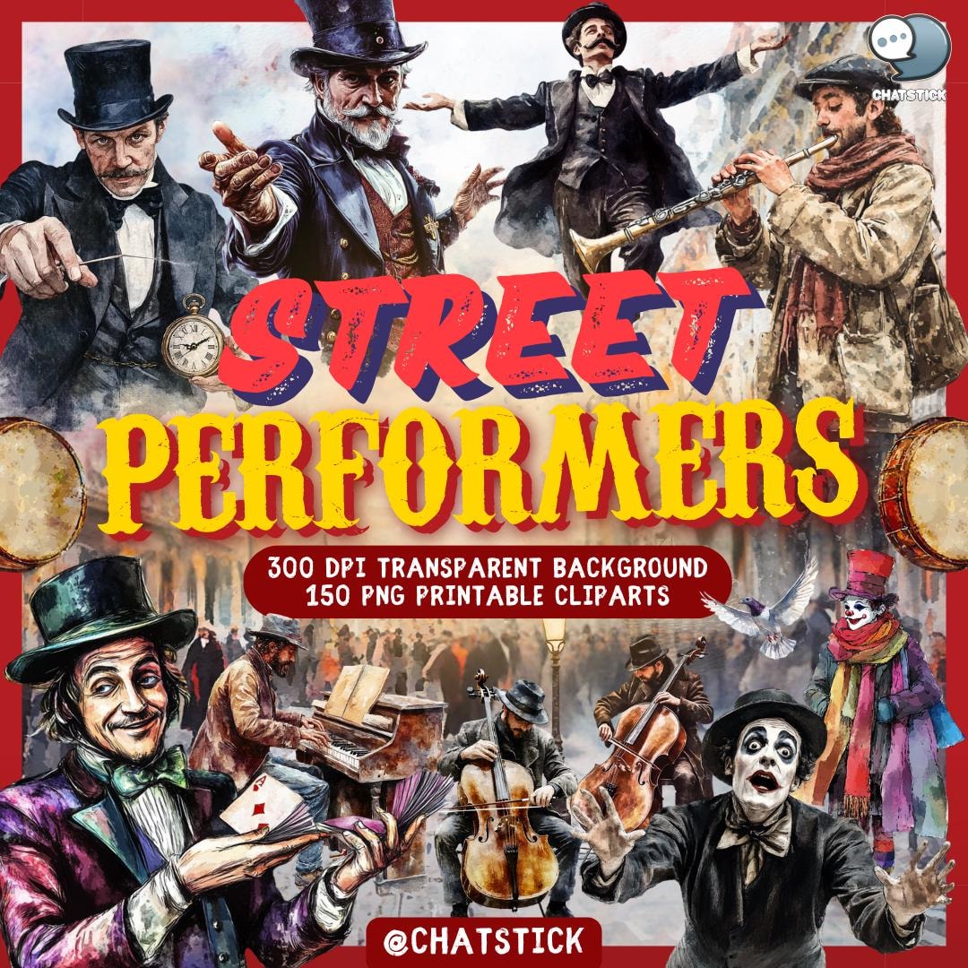 Victorian Street Performers Clipart Bundle - 150 PNG Vintage Musicians ...