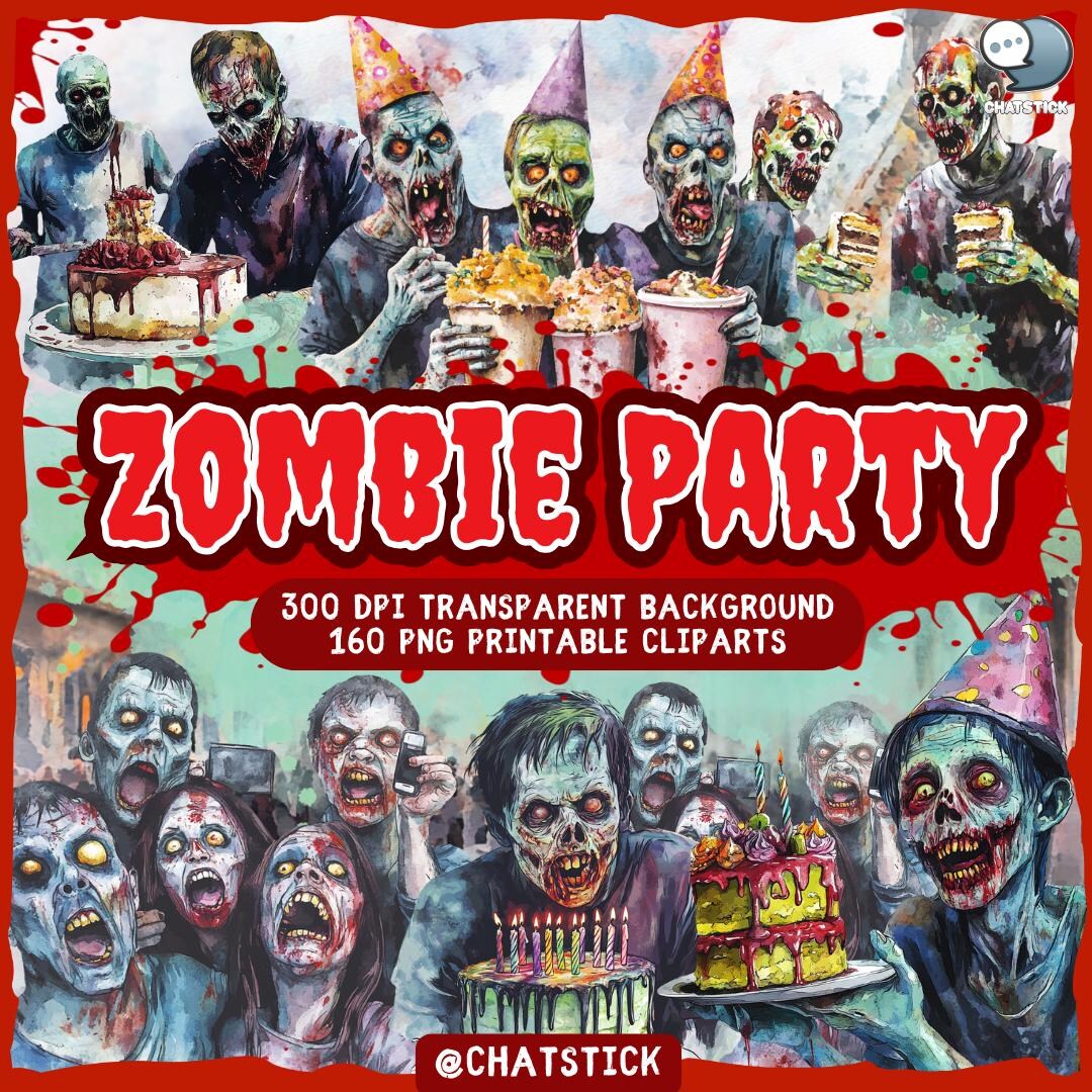 Zombie Party Clipart Bundle – 160 PNG | Spooky Party With Balloons ...